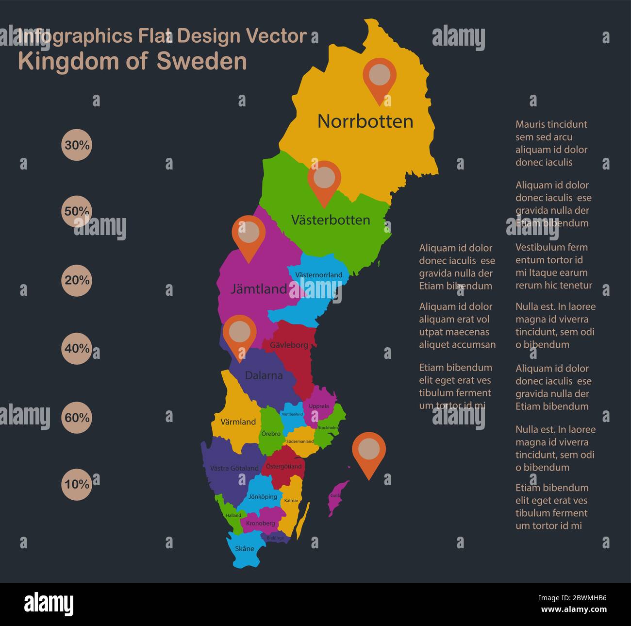 Infographics Sweden map, flat design colors, names of individual ...