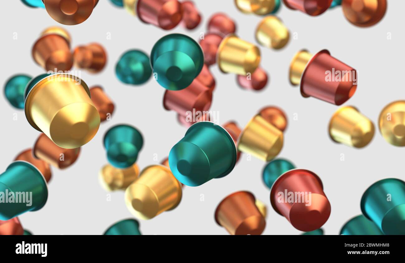 A collection of colorful instant espresso coffee capsules floating in ...