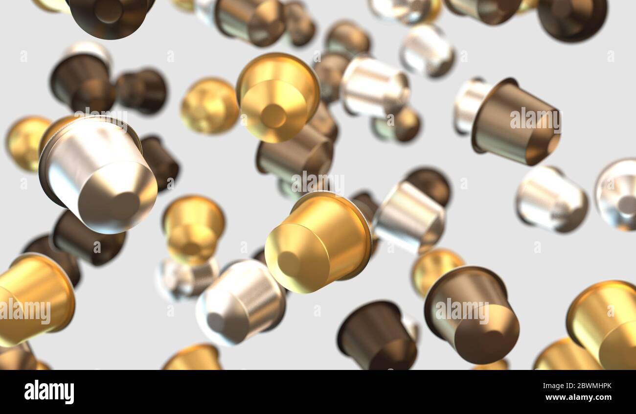 A collection of colorful instant espresso coffee capsules floating in ...