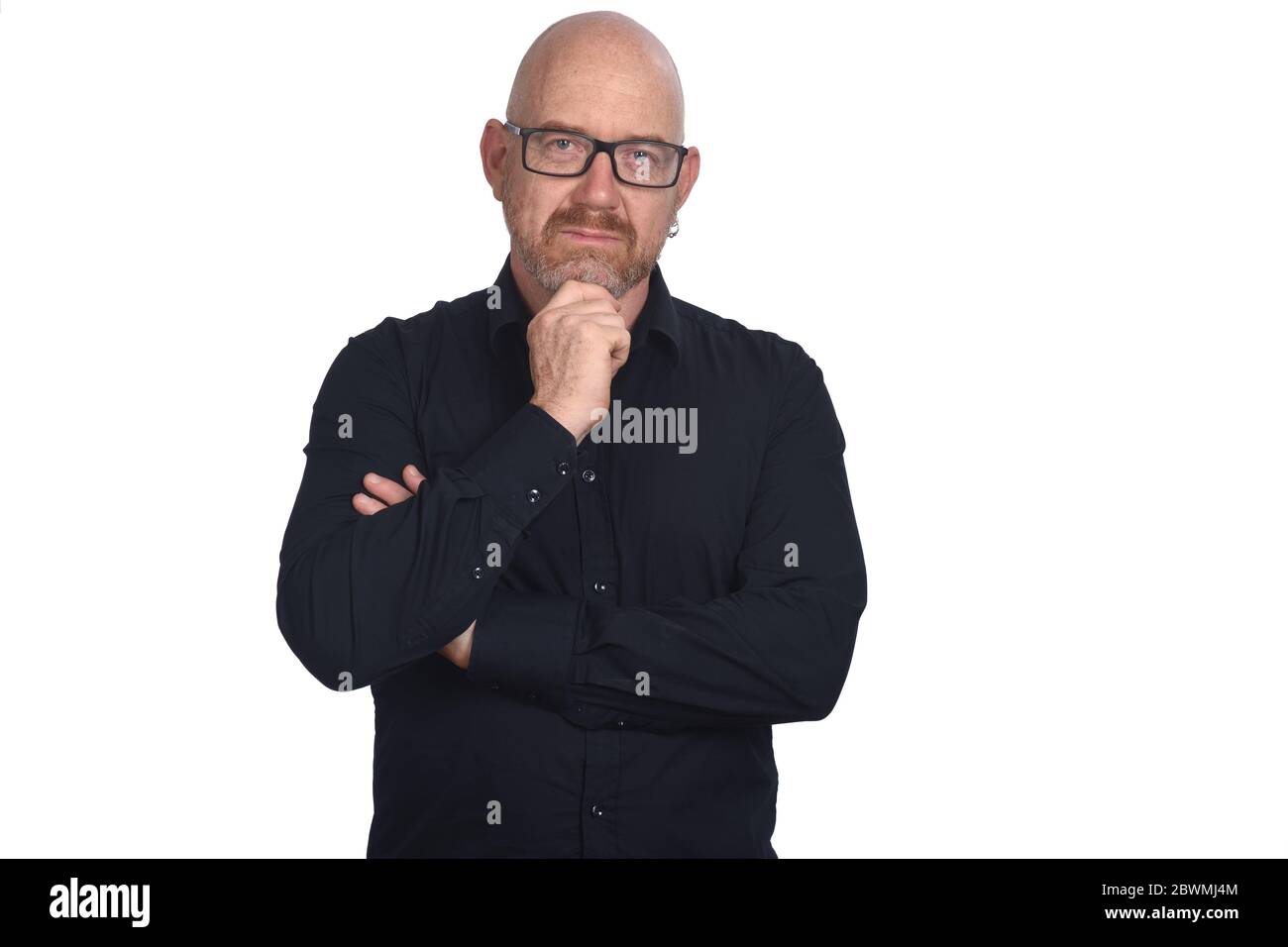 portrait of a man front view and looking at camera and eyewear hand on ...