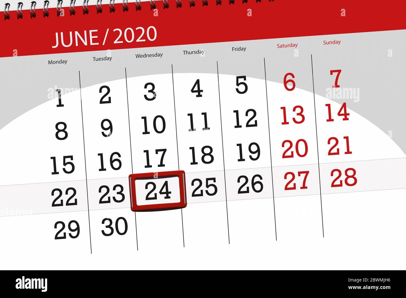Calendar planner for the month june 2020, deadline day, 24, wednesday ...