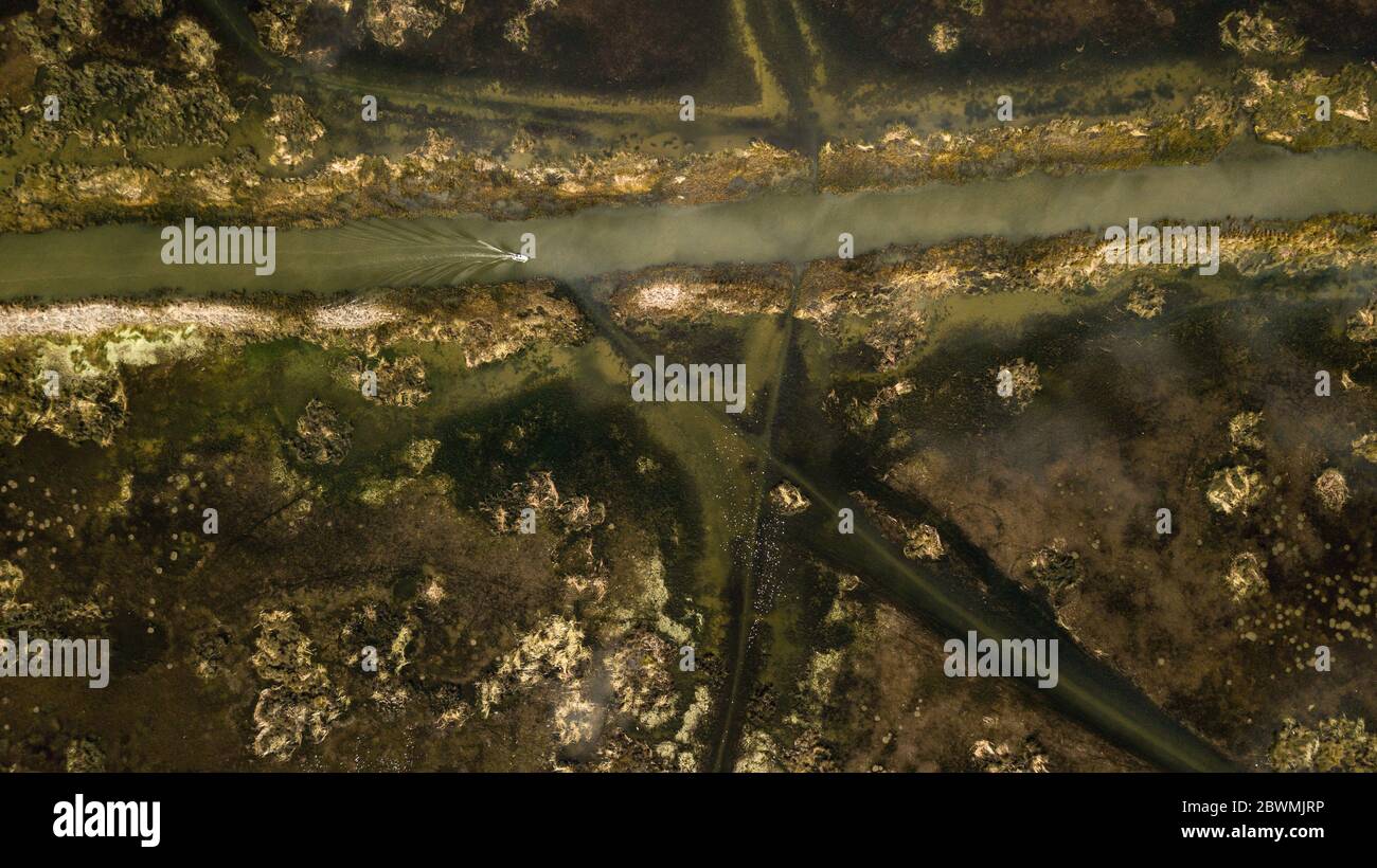 Aerial top-down view on motor speed boat rushing through pathways ...