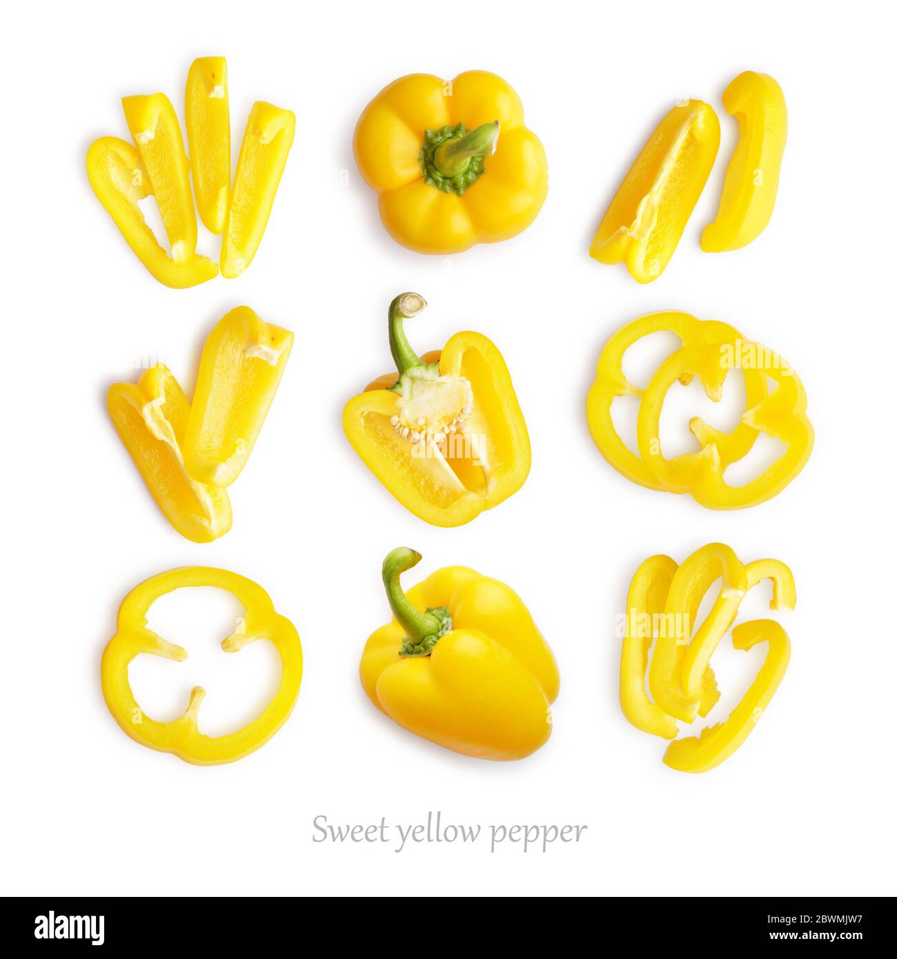 Set of fresh whole and sliced sweet yellow pepper isolated on white ...