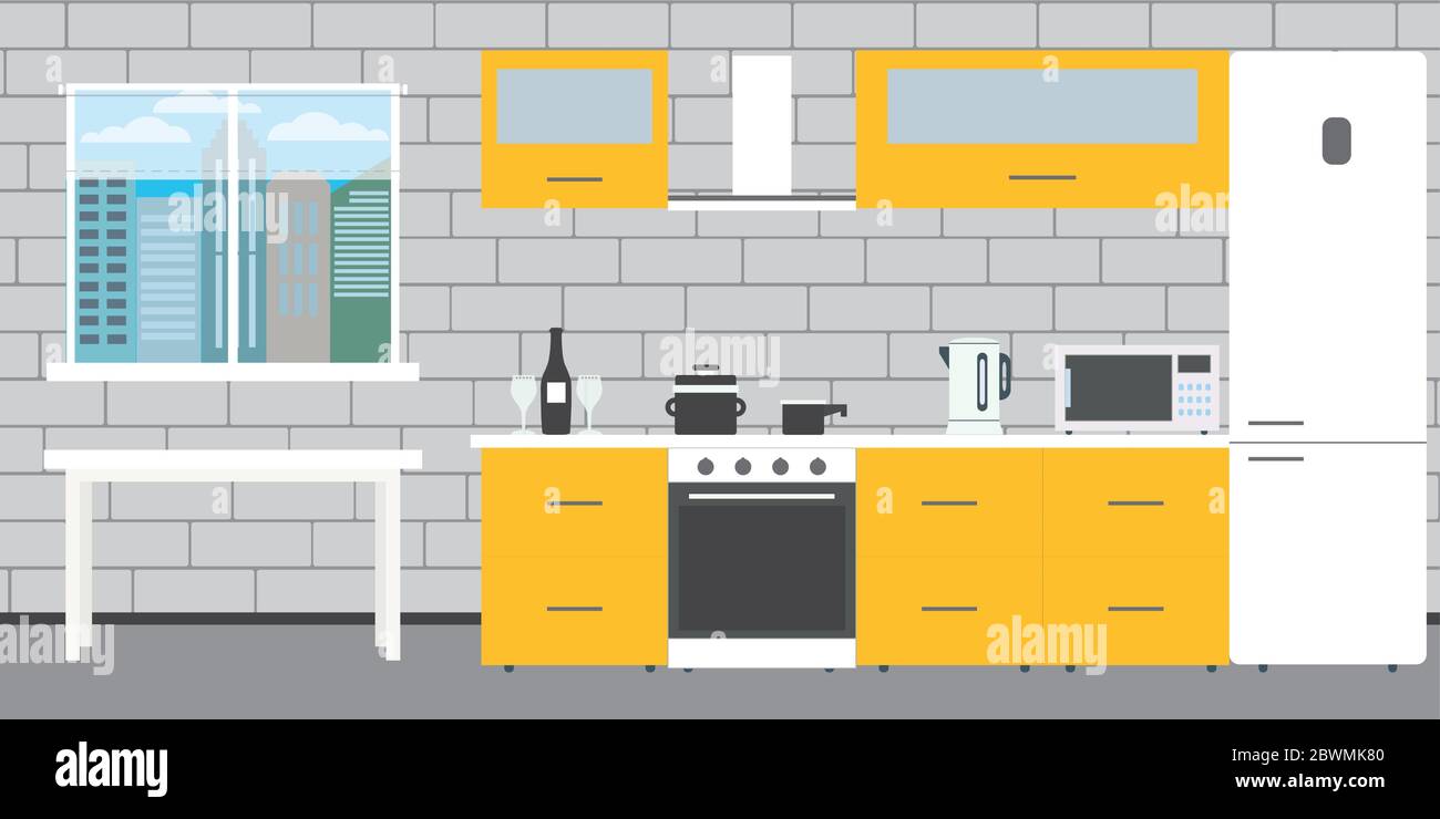 Fashionable kitchen interior on a brick wall background,window and ...