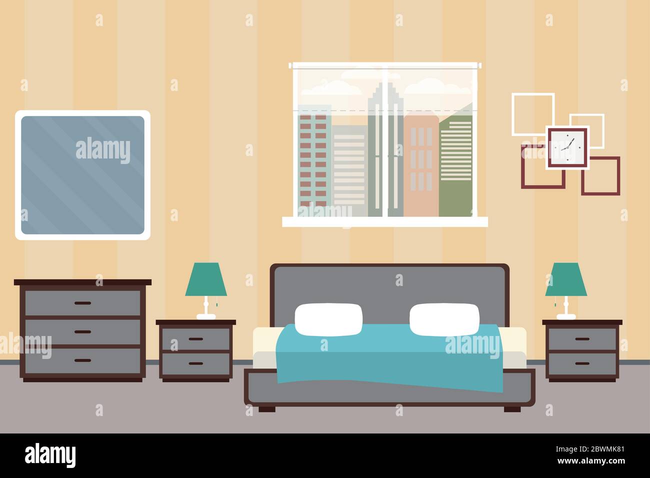 Hotel room or Bedroom Interior flat design.Home furniture.cartoon ...