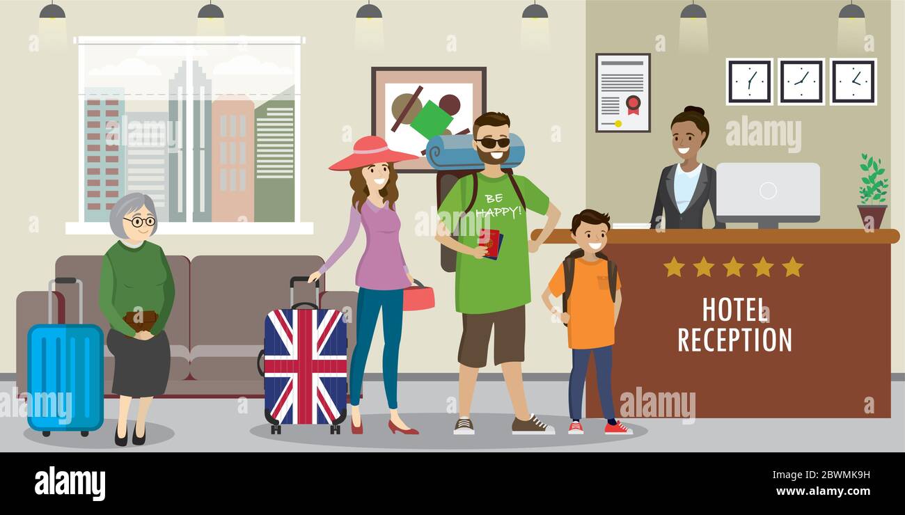 Young african american woman receptionist and tourist people stands at ...