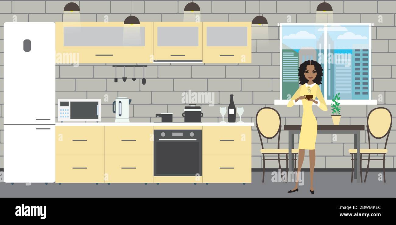 Modern kitchen interior with furniture on a brick wall background ...