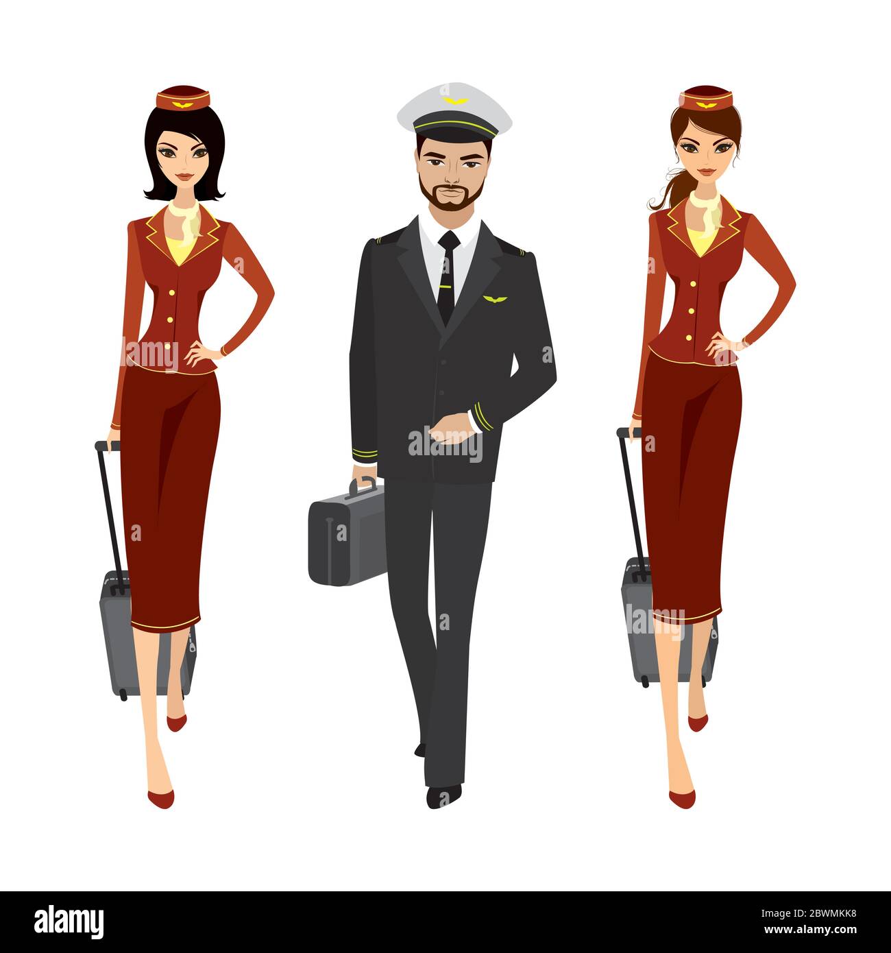 Caucasian Pilot and two flight attendants in the uniform of walking ...