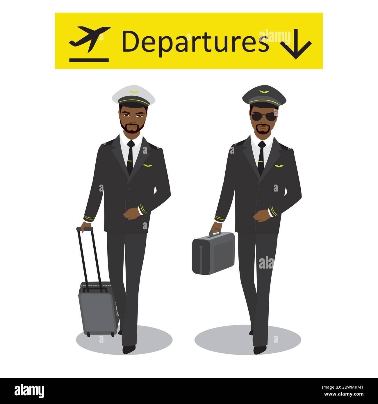 Two african american pilots in formal clothes, aircrew with bags ...