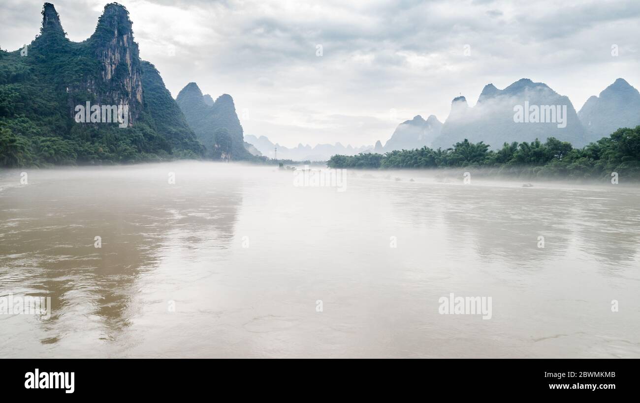 aerial view of surface of Li River on a dull day after rain Stock Photo ...