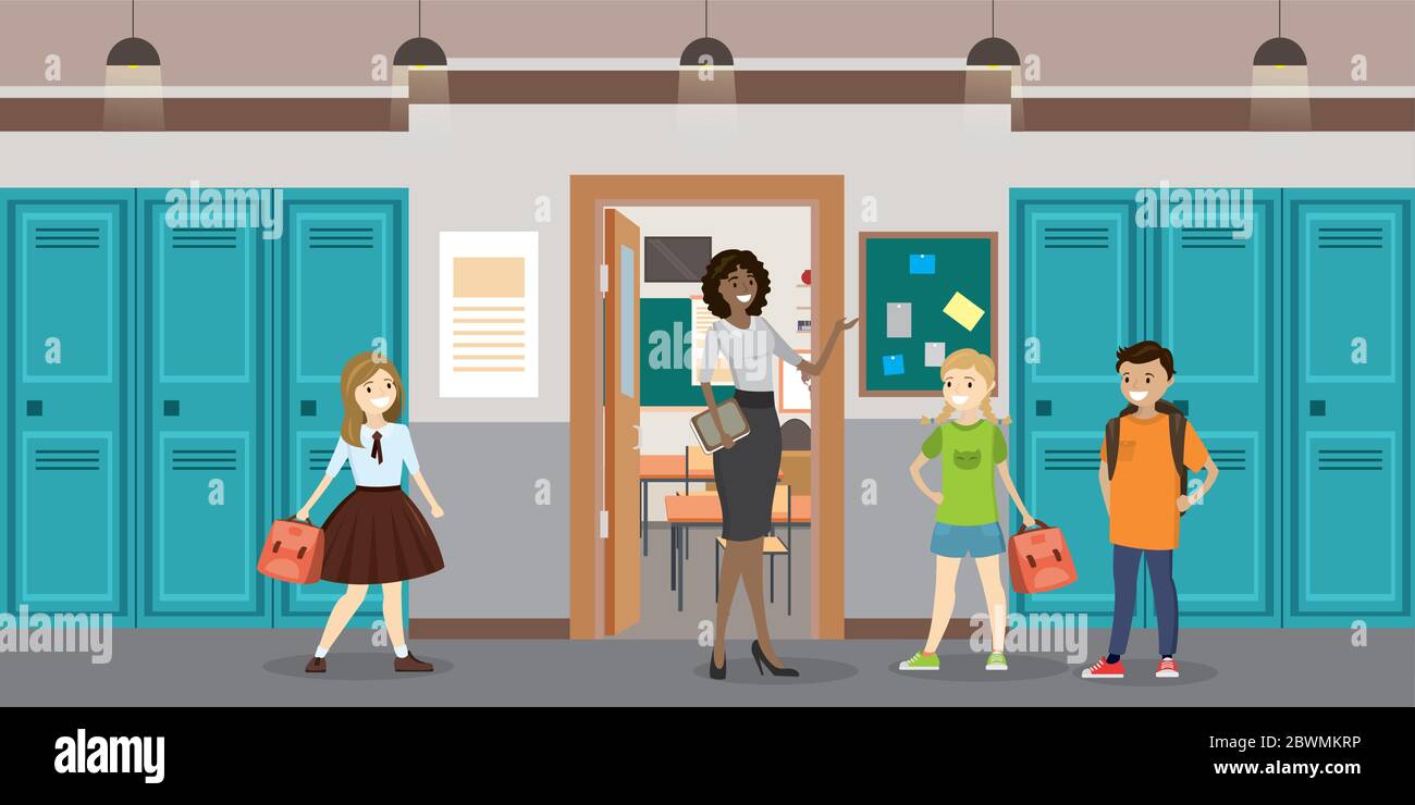 Cartoon Teacher and students in the school hall,school interior, flat ...