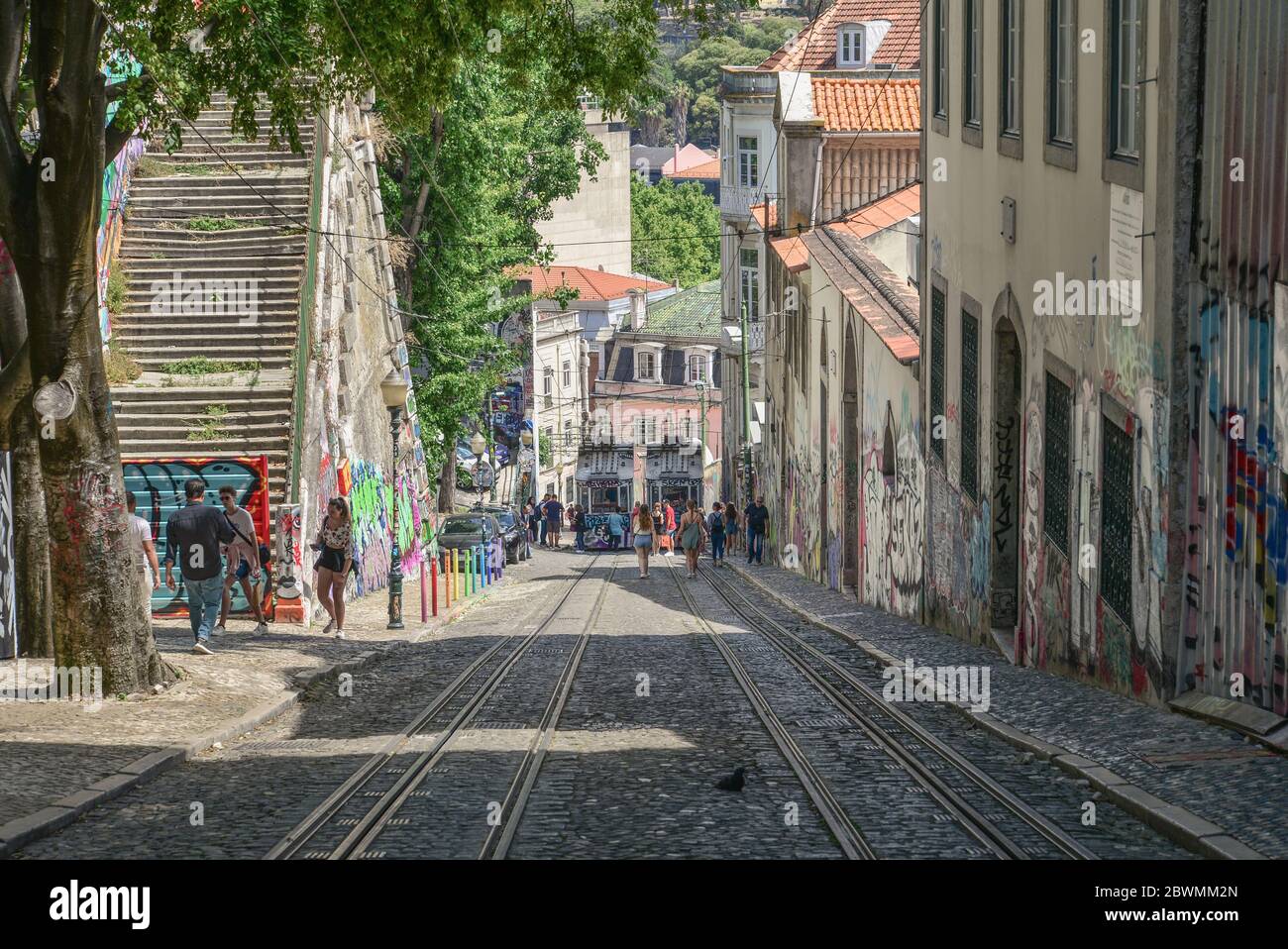 LISBON, PORTUGAL - JULY 4, 2019: The oldest Lisbon Funicular Gloria ...