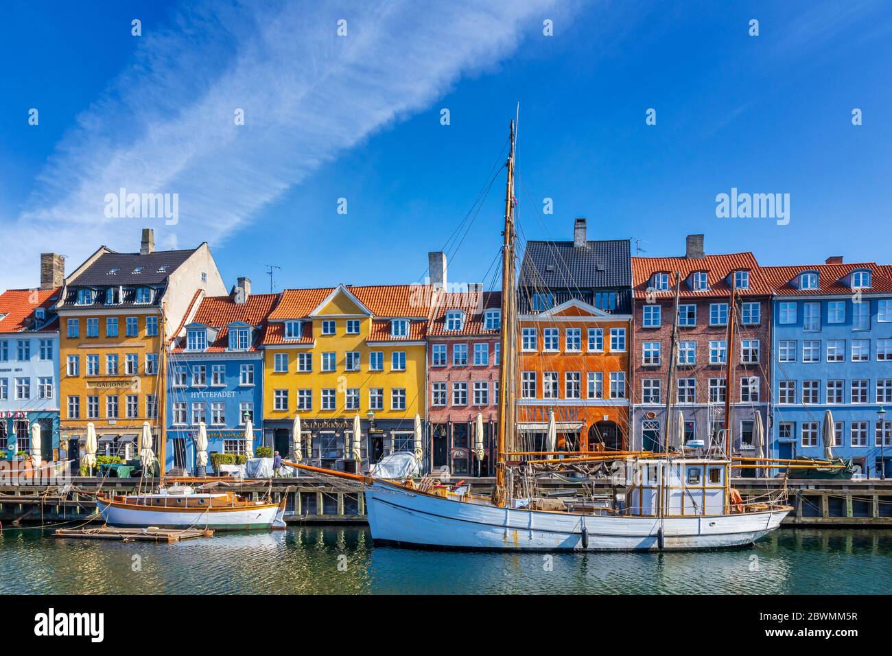 Colored houses and sailing boats on Nyhavn canal, Copenhagen, Denmark ...