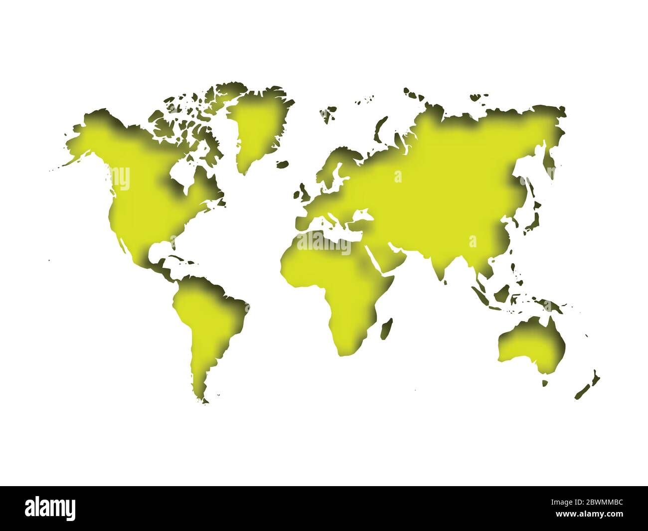 Map of World cut into paper with inner shadow isolated on green ...