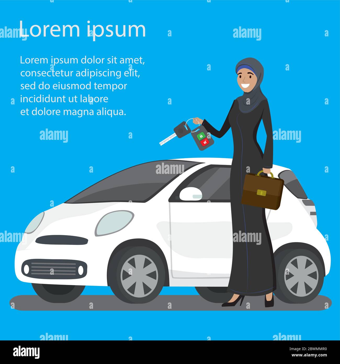 White modern car and muslim woman in traditional clothes with car key ...