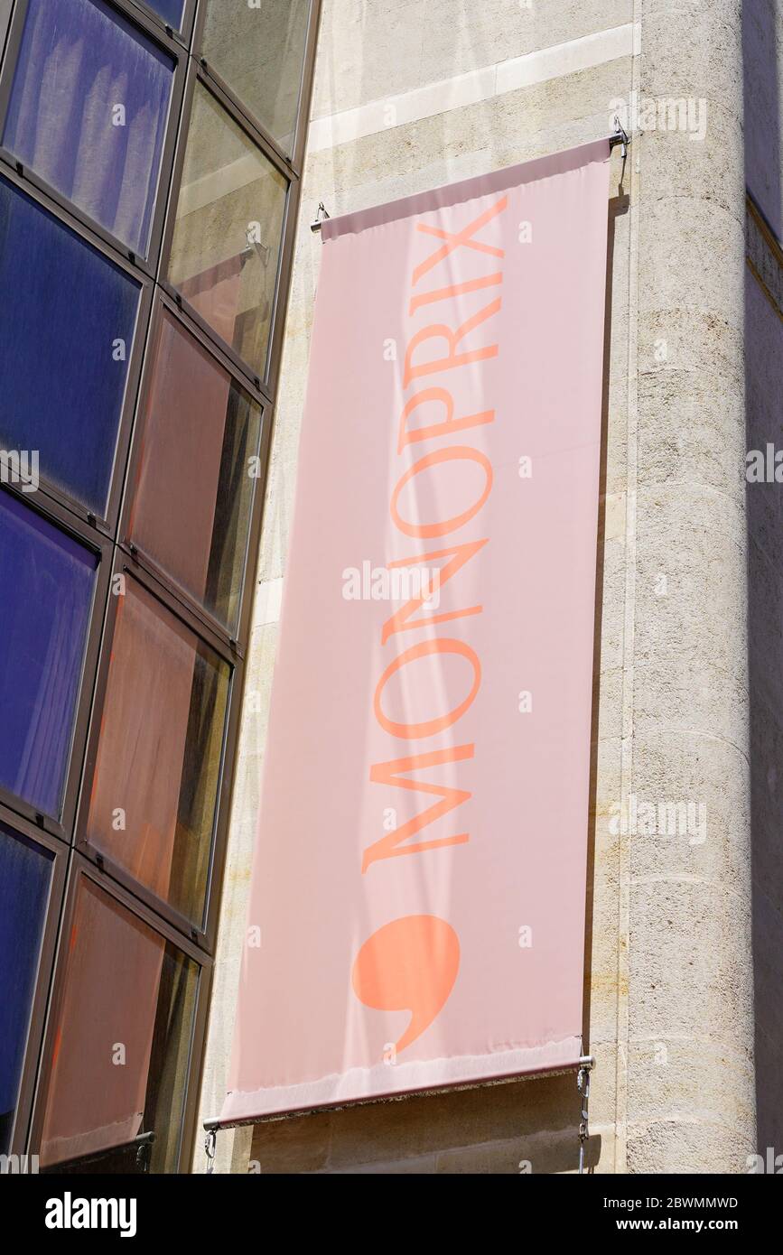 Bordeaux , Aquitaine / France - 05 05 2020 : Monoprix sign flag logo on ...