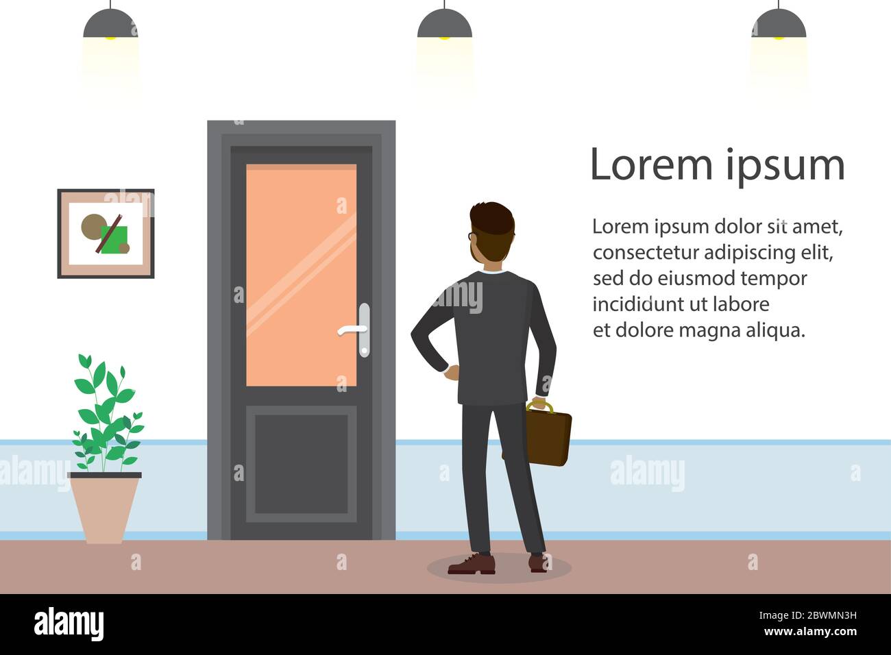 Cartoon businessman searching for job, interview candidate,door in ...