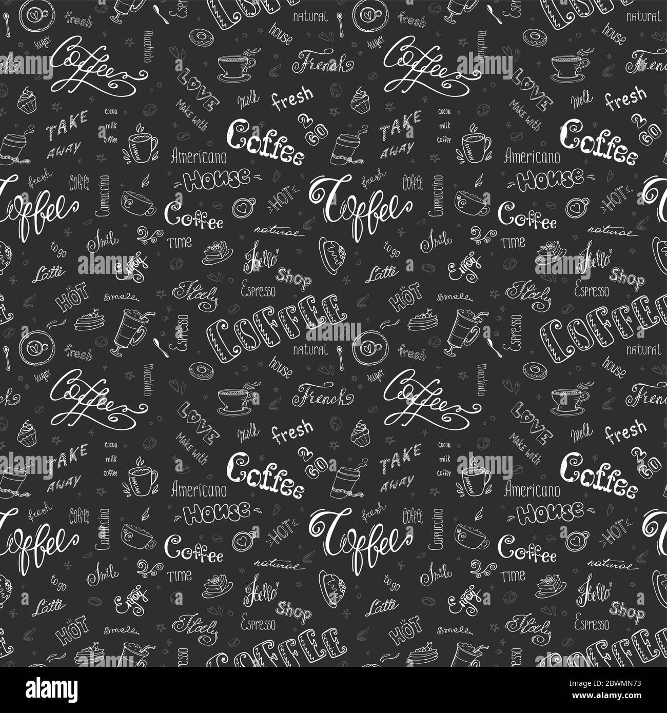 Coffee seamless pattern,hand drawn background with sign and letters ...