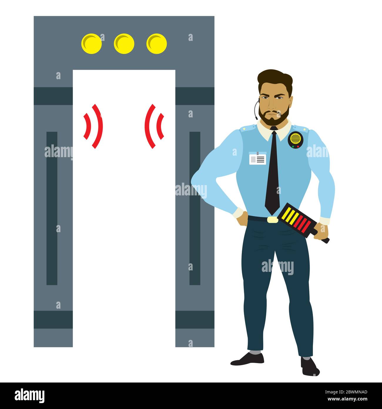 metal detector frame and male security guard,isolated on white ...