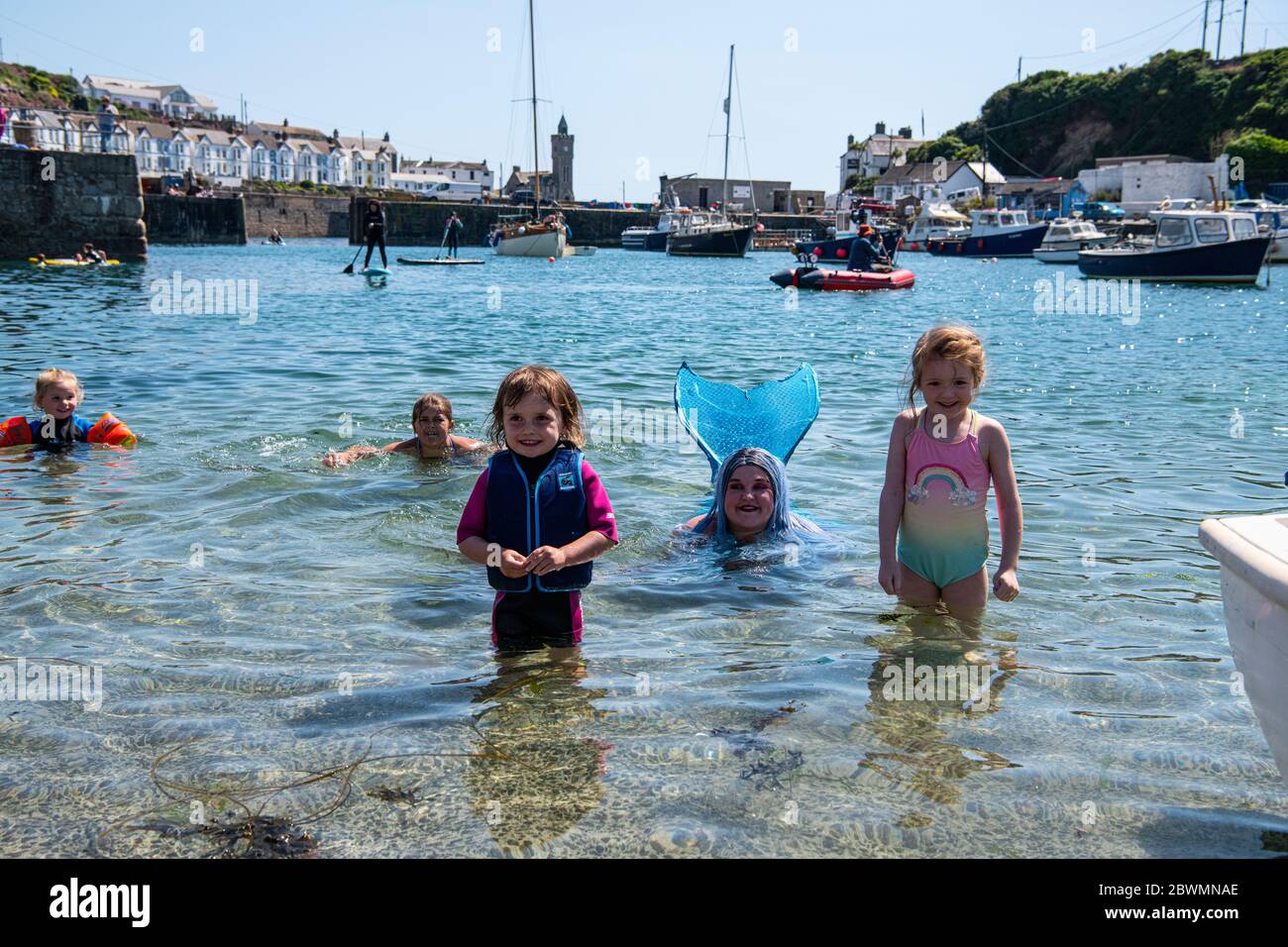 Mermaid on the beach, Porthleven Cornwall, beach and harbour on a very ...
