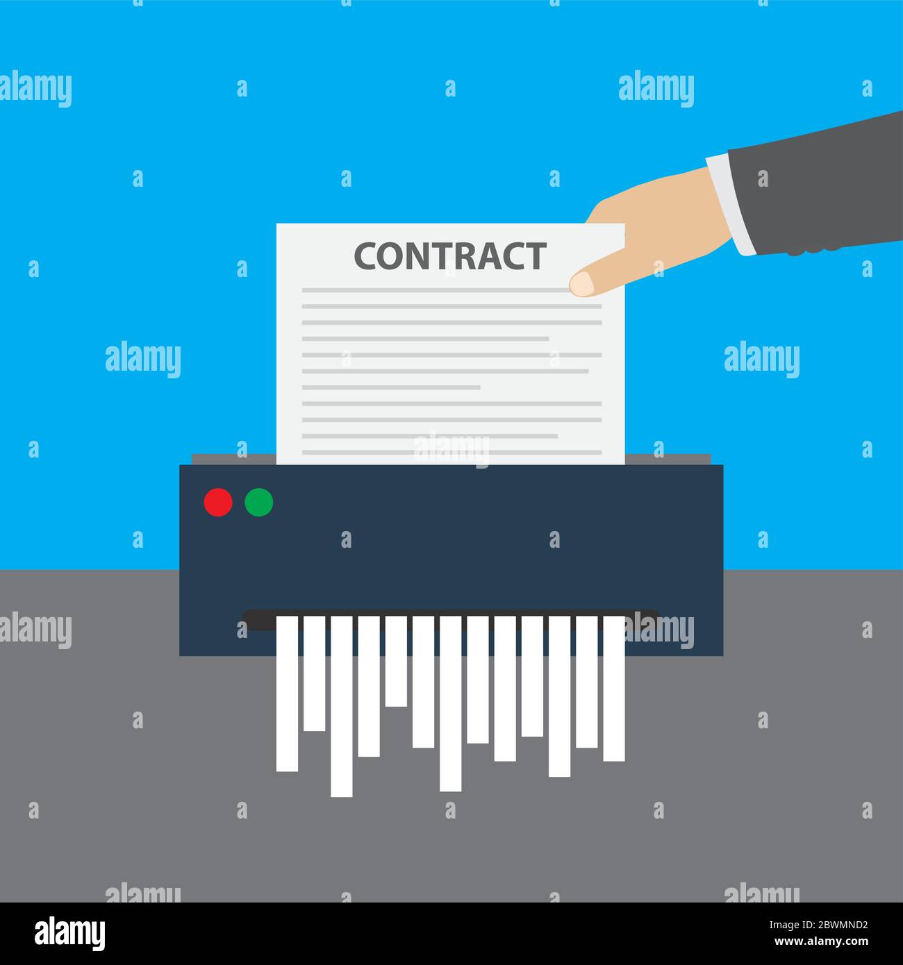Cartoon hand inserts the contract document into the paper shredder ...