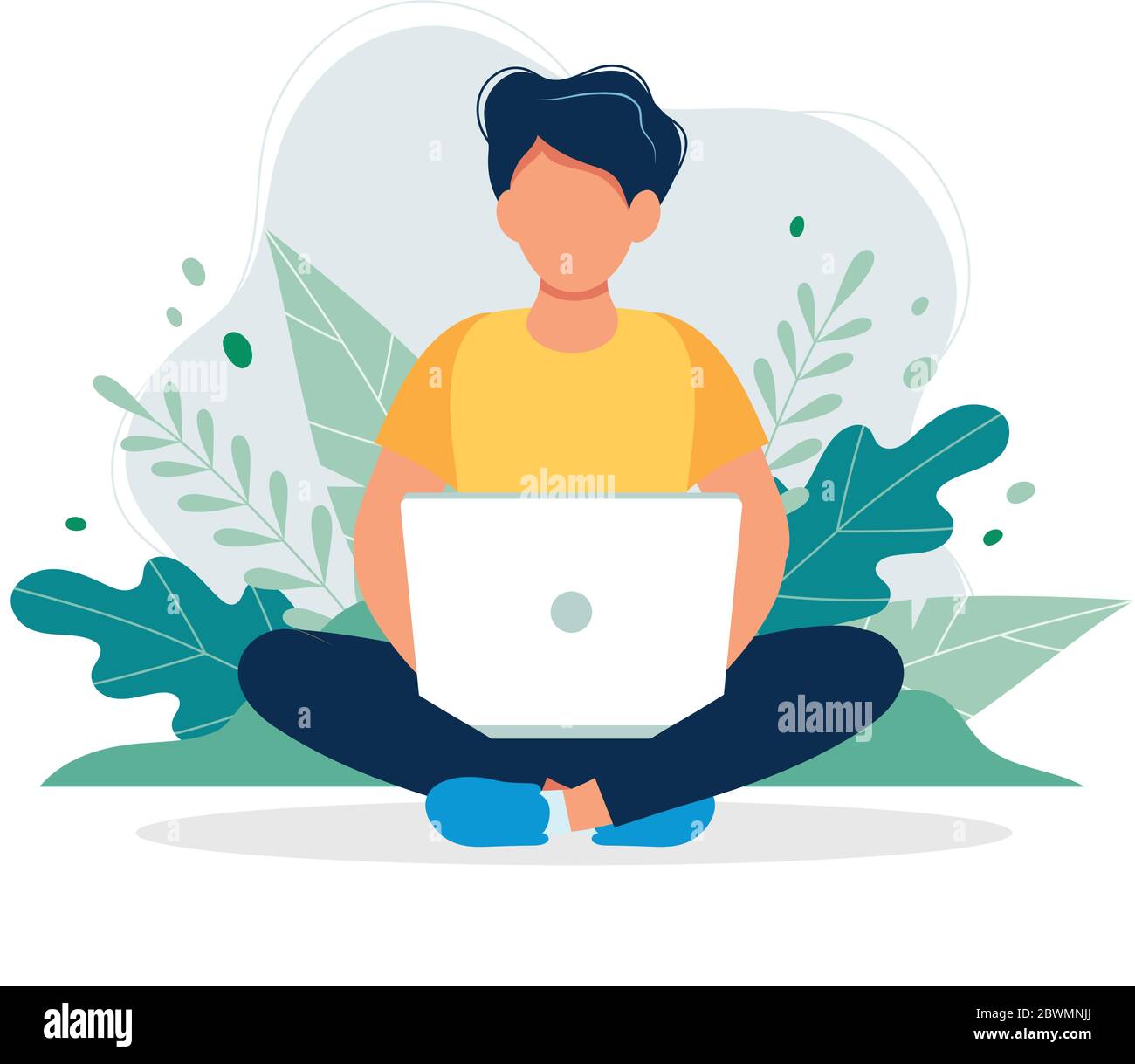 Man with laptop sitting in nature and leaves. Concept illustration for ...