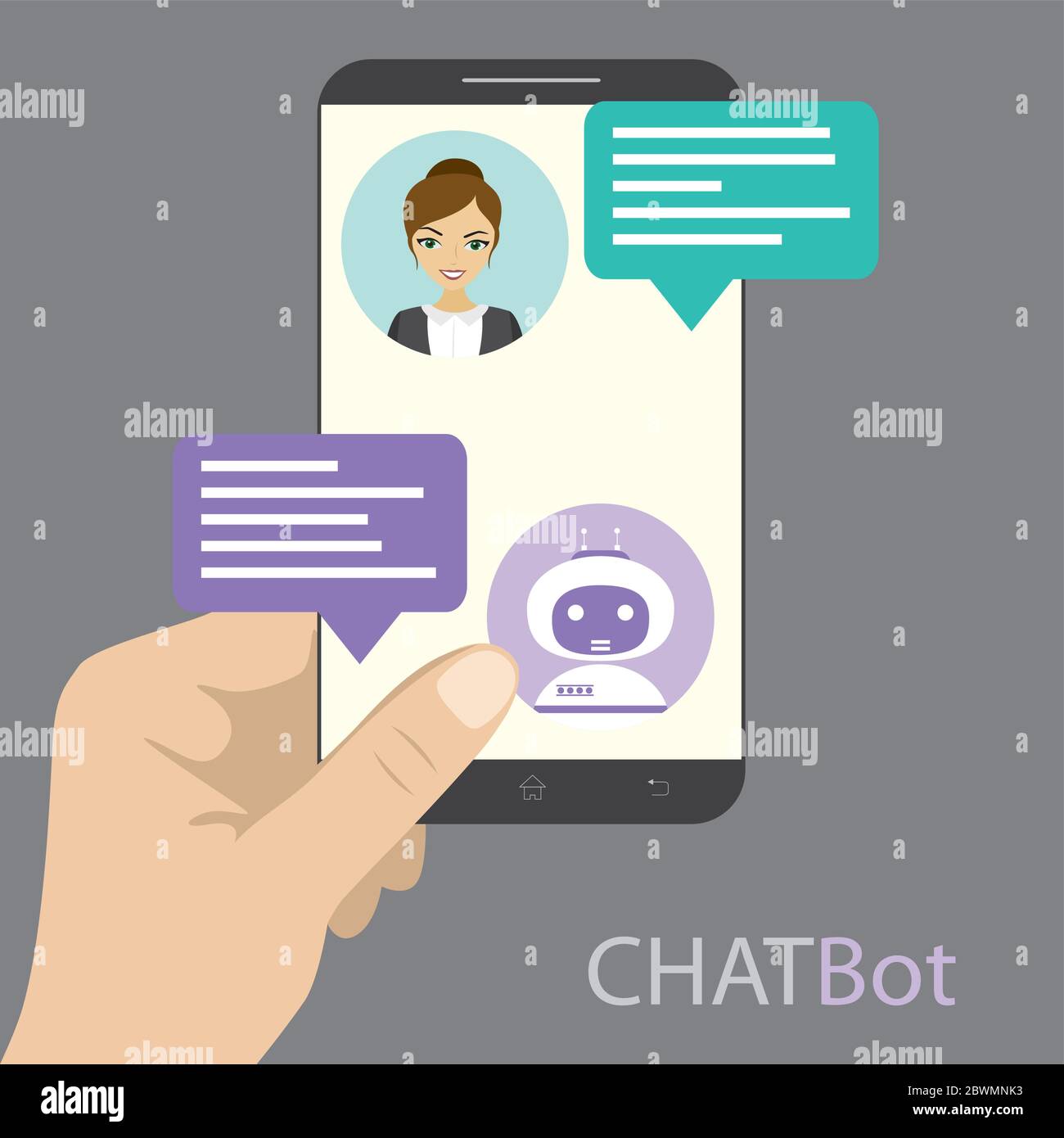 Hand holding smartphone,Chat between robot bot and human,female and ...