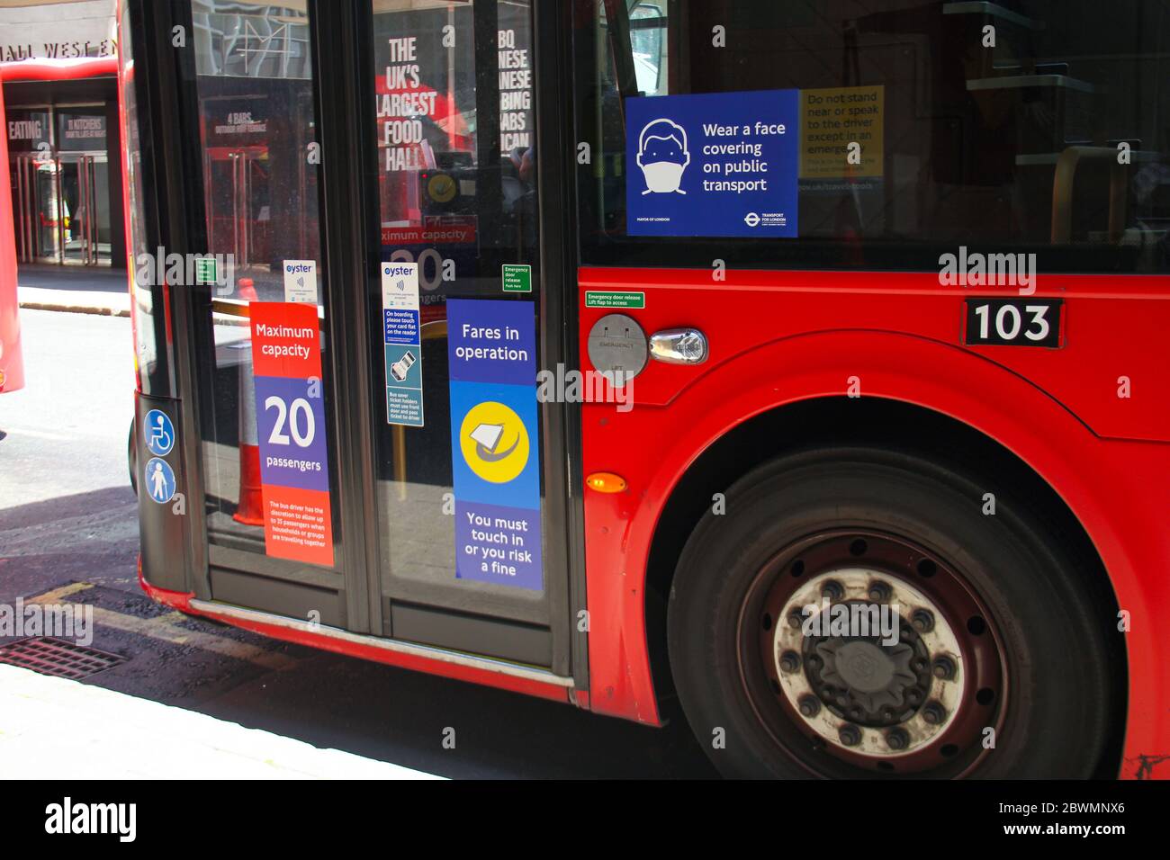 London, UK - 2 June 2020: TFL buses with new signs restricting the ...