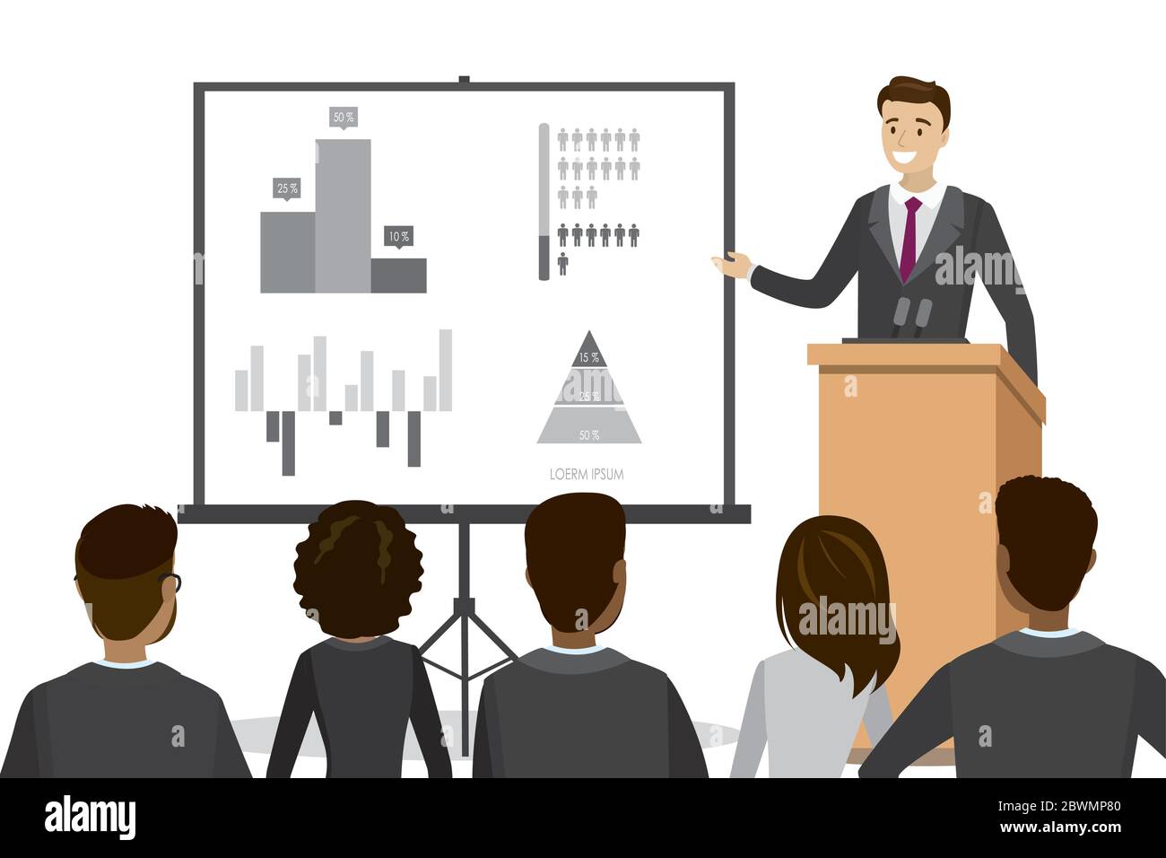 Caucasian businessman speaking to audience from tribune.Cartoon Male ...