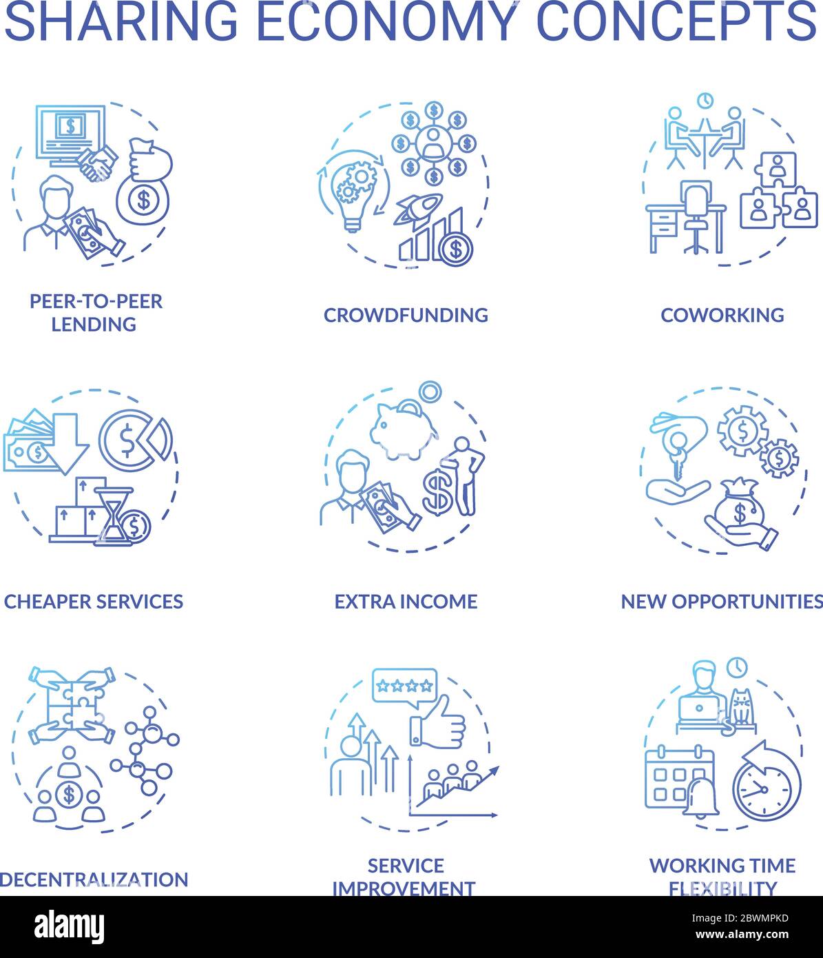 Sharing economy blue gradient concept icons set Stock Vector Image ...