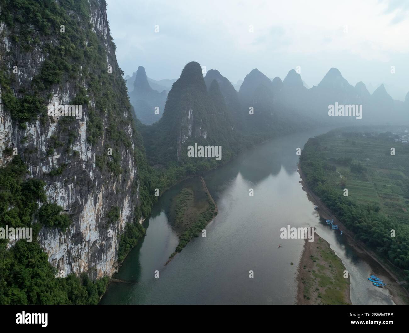 aerial view of surface of Li River on a dull day after rain Stock Photo ...