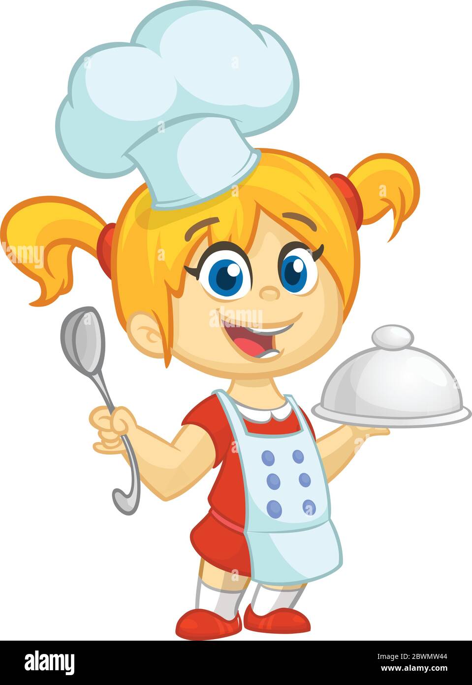 Cartoon small girl holding a tray with a dish and louche. Vector ...