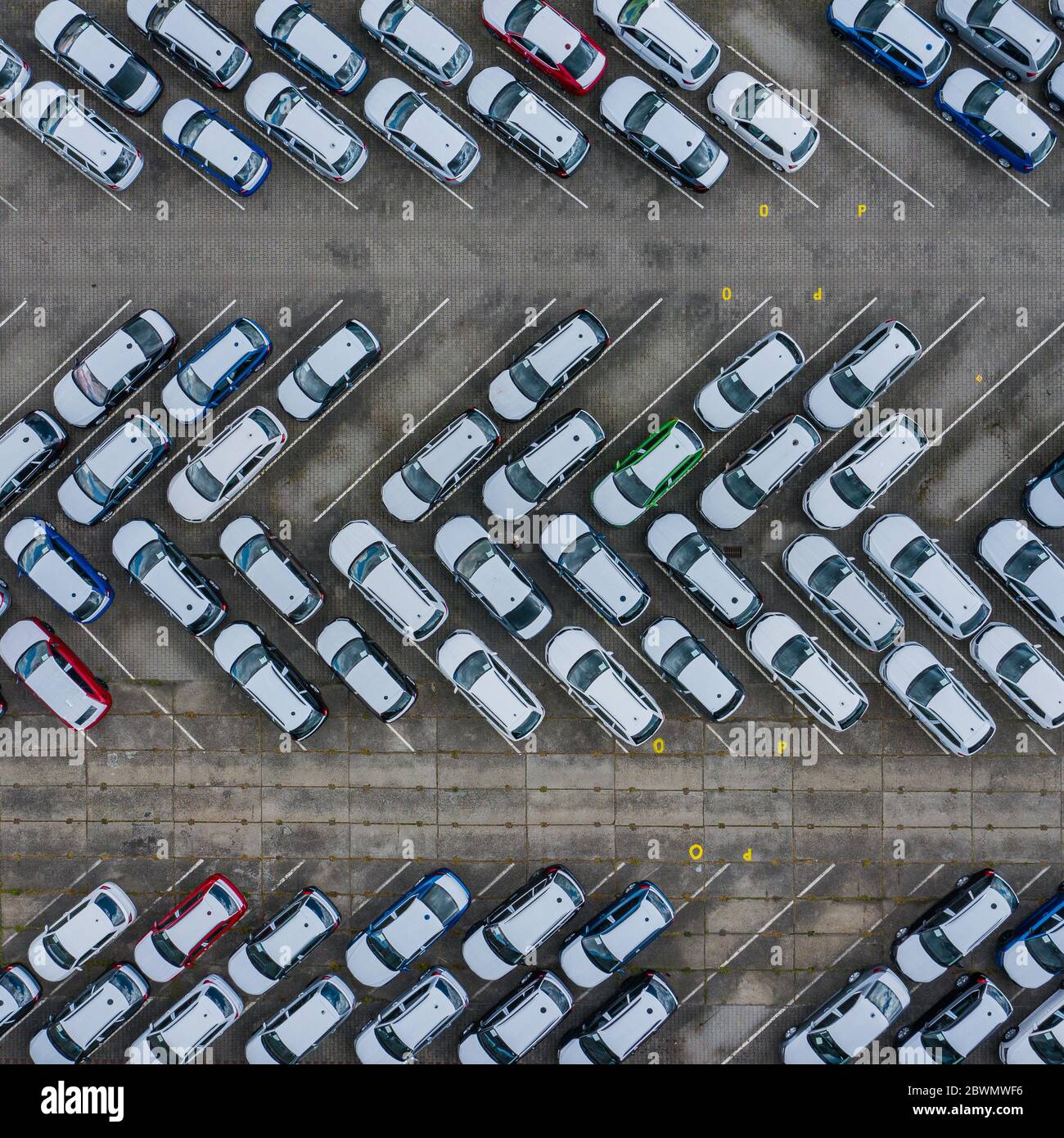 New car lined up aerial view. Port of import and export business ...