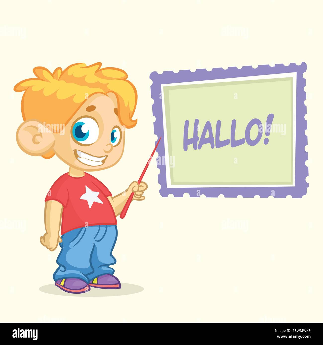 Cartoon young blond boy character in casual style clothes pointing ...