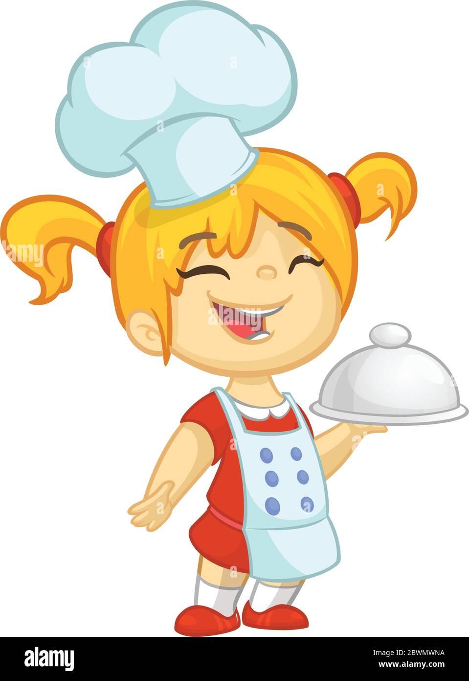 Cartoon small girl holding a tray with a dish and louche. Vector ...