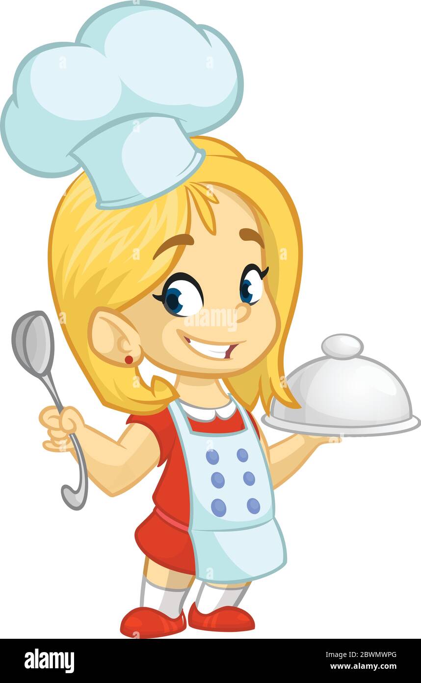 Cartoon small girl holding a tray with a dish and louche. Vector ...
