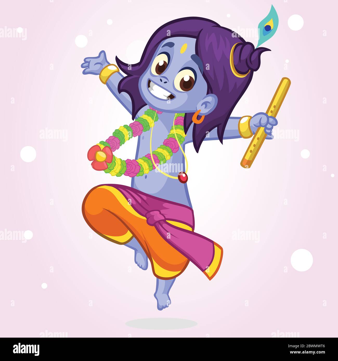 Little cartoon Krishna with eyes closed dancing with a flute. Greeting ...