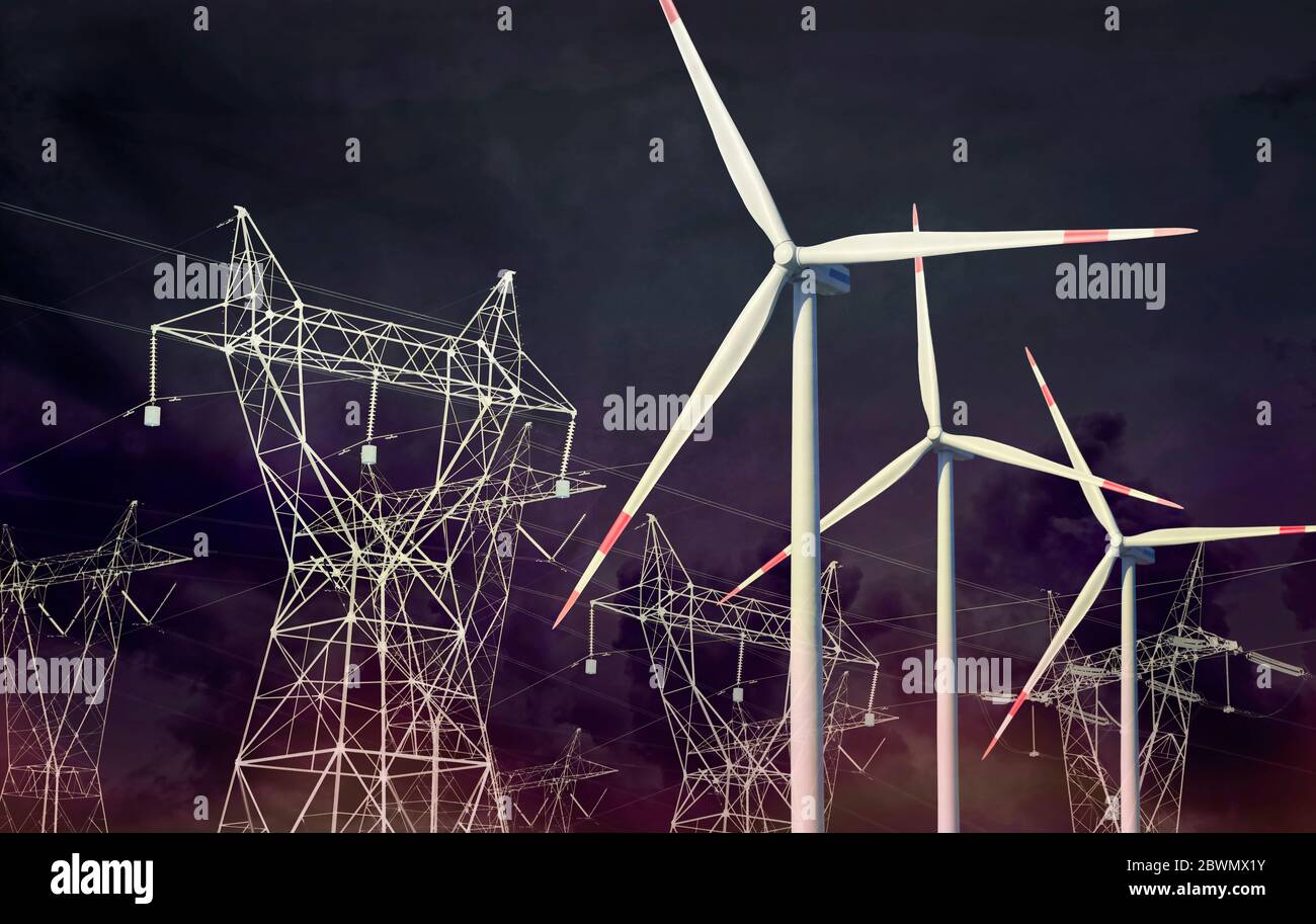 Wind turbines with power line hi-res stock photography and images - Alamy