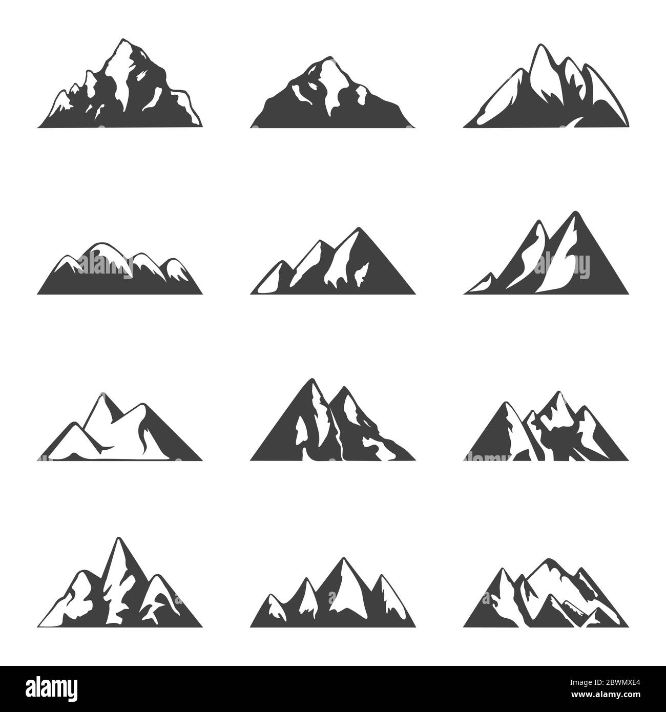 Vector mountain set. Simple black and white icons or design templates ...