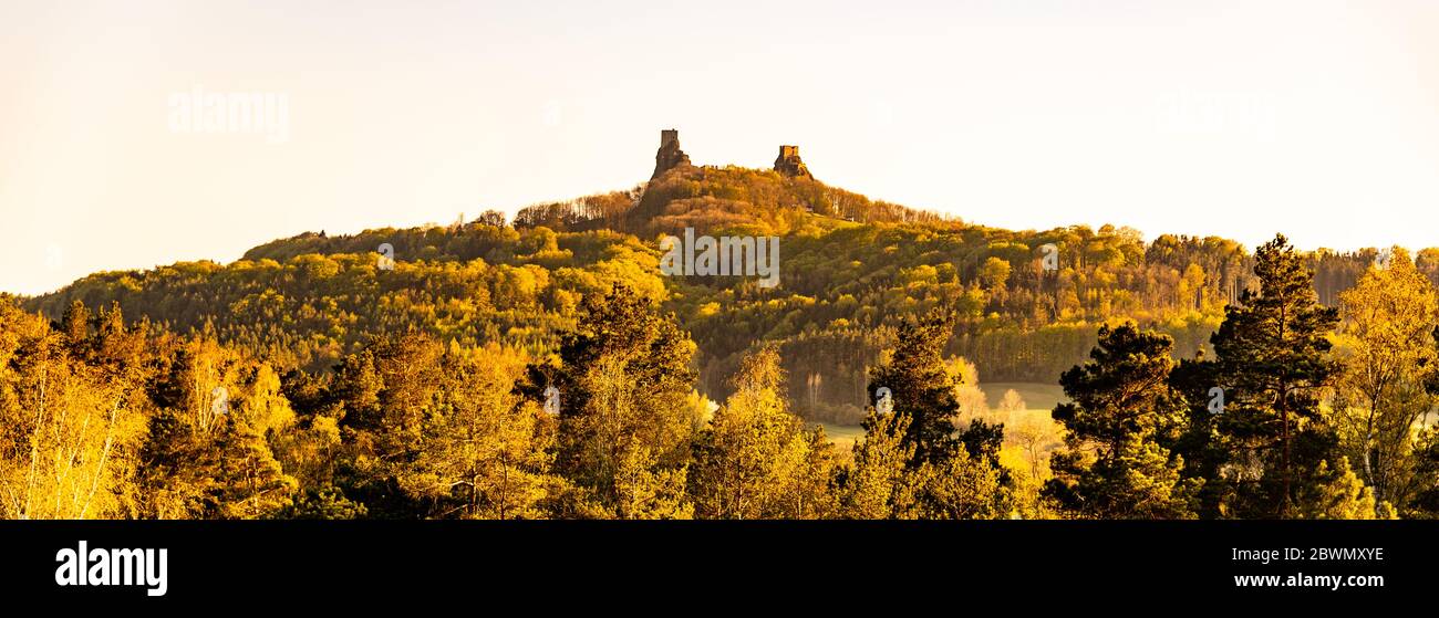 Trosky castle ruins. Two towers of old medieval castle on the hill ...
