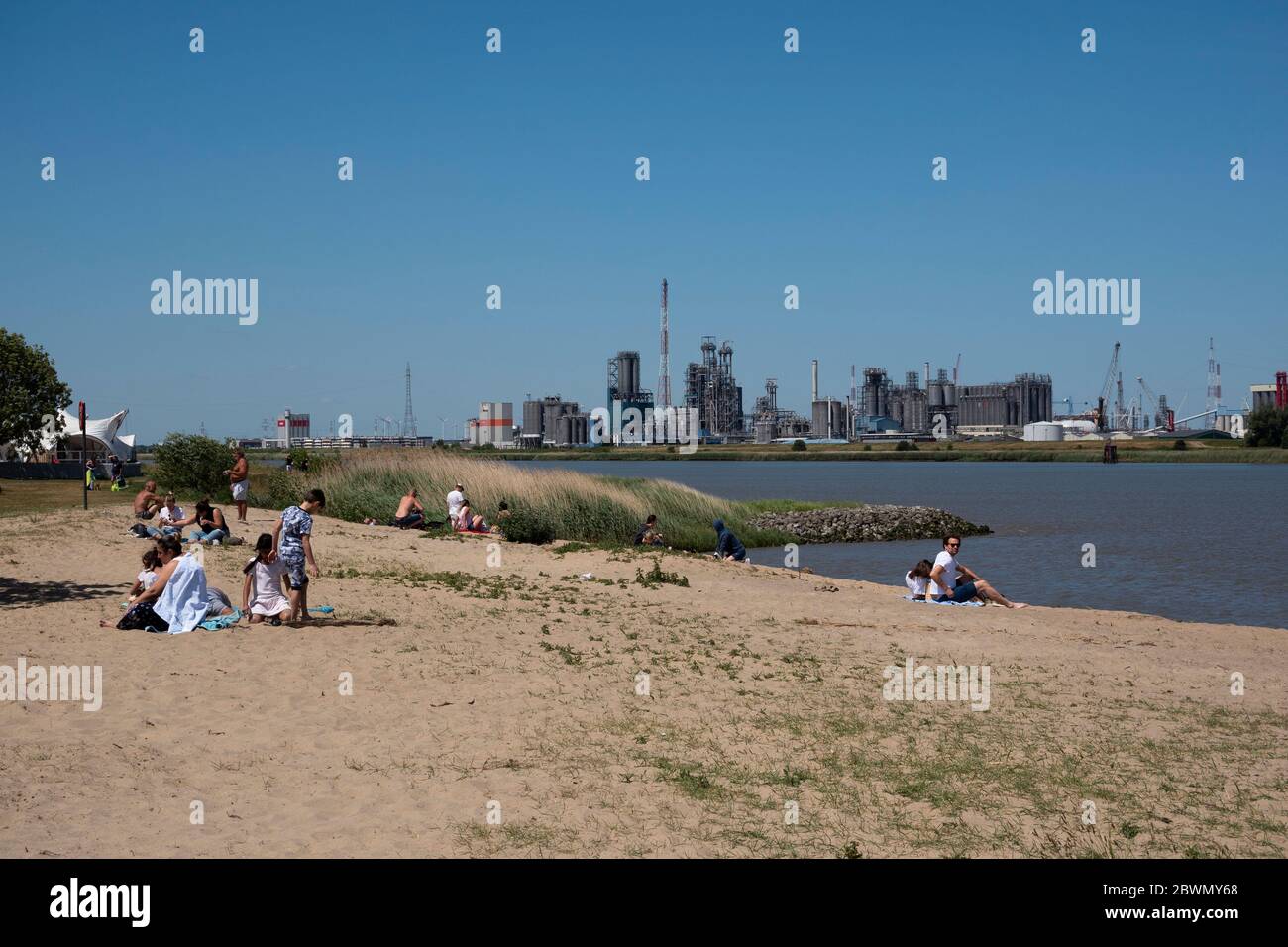 Antwerp, Belgium, Sunday 31 May 2020, Sint Anneke beach with people ...