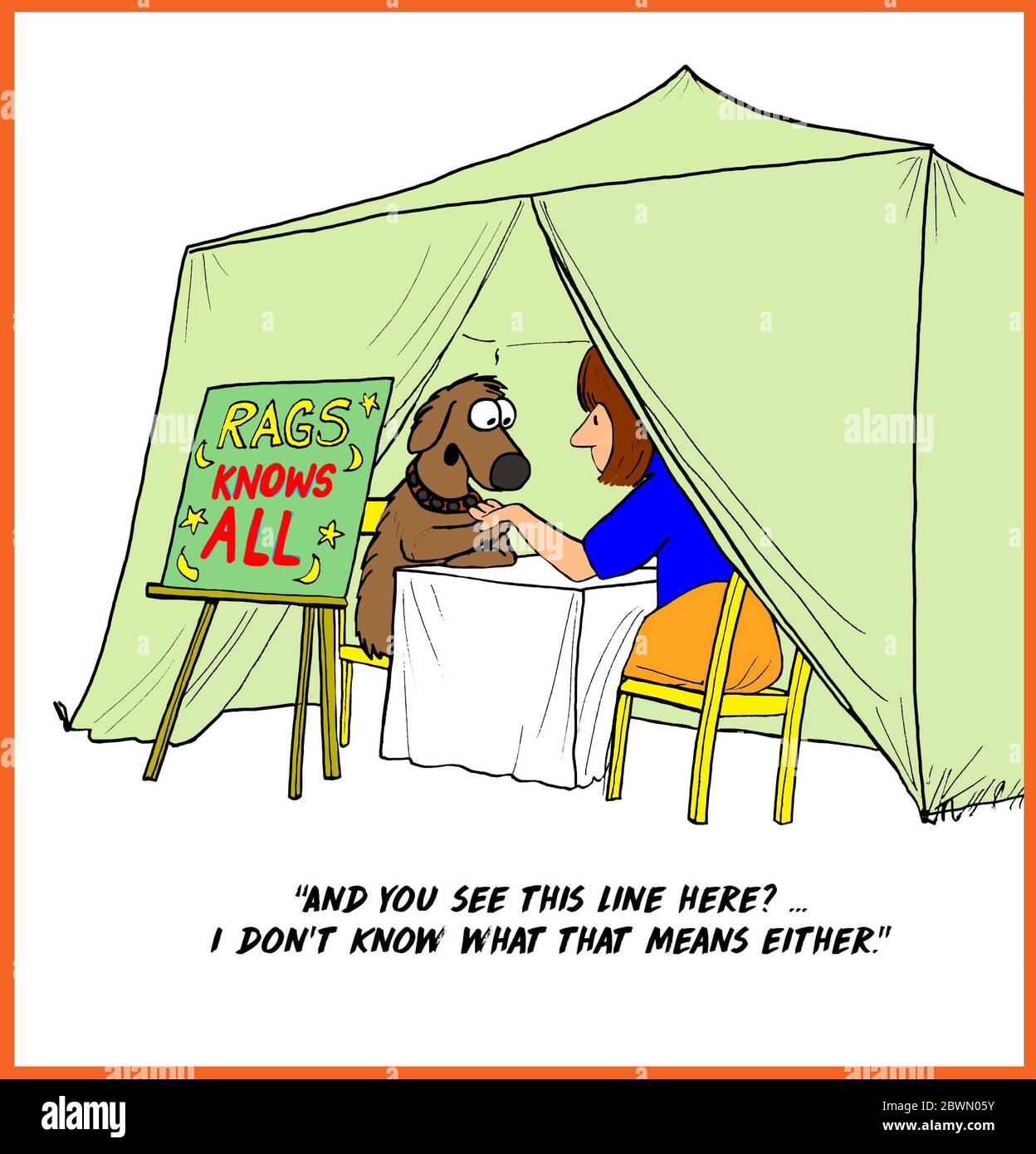 Cartoon of dog gypsy reading palms, but he does not know what the lines ...