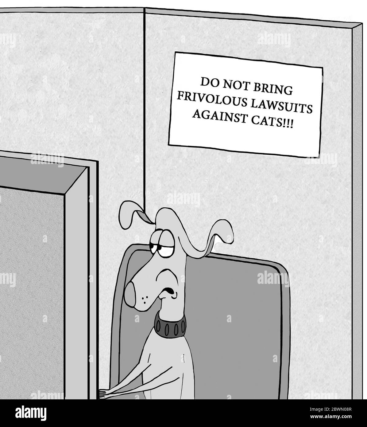 Cartoon of an excited dog with a sign to not bring frivolous lawsuits ...