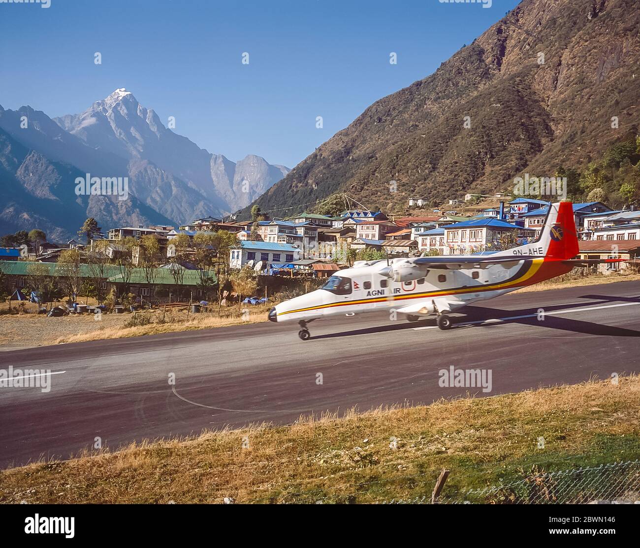 Nepal. Trek to Mera Peak. Lukla. The twin engined light aircraft at ...