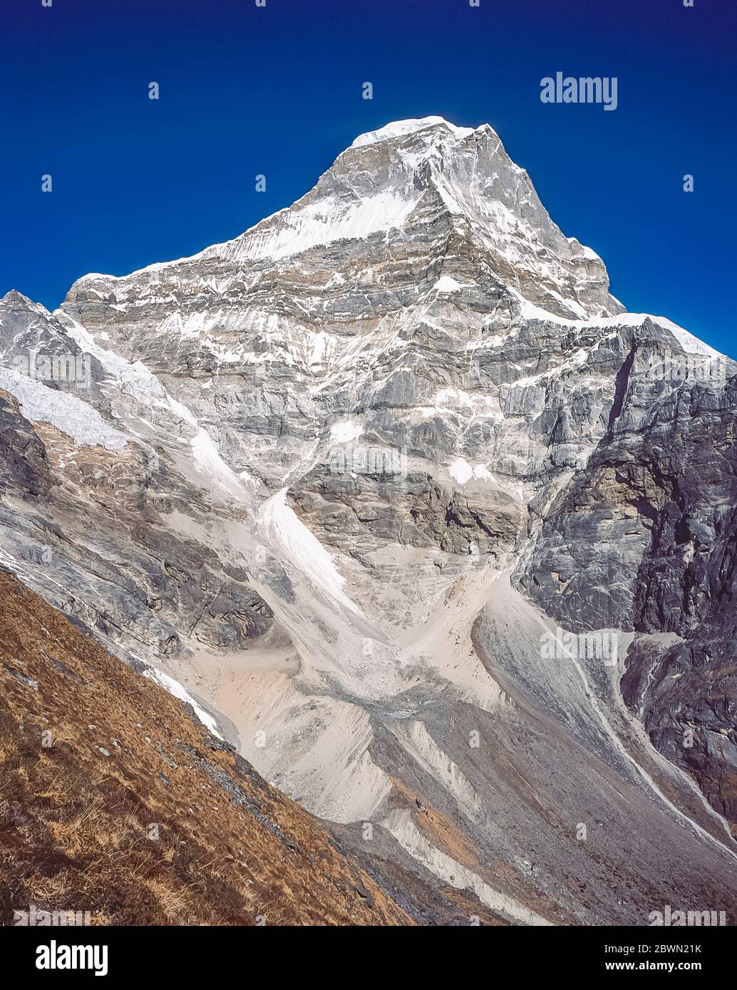 Nepal. Trek to Mera Peak. Trek trail above the boulder strewn Arun and ...