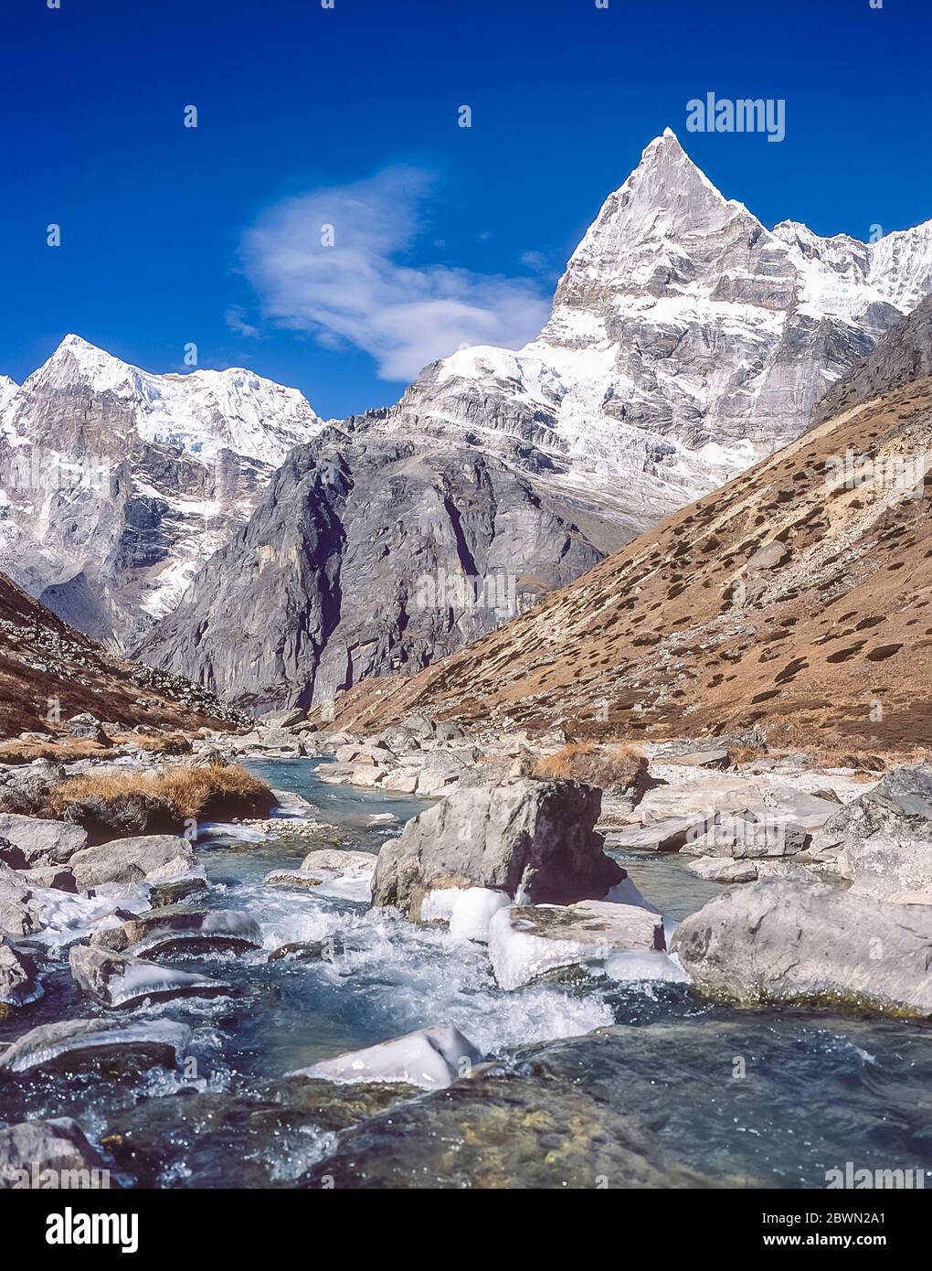 Nepal. Trek trail above Tagnag settlement with the fabulous un-named ...