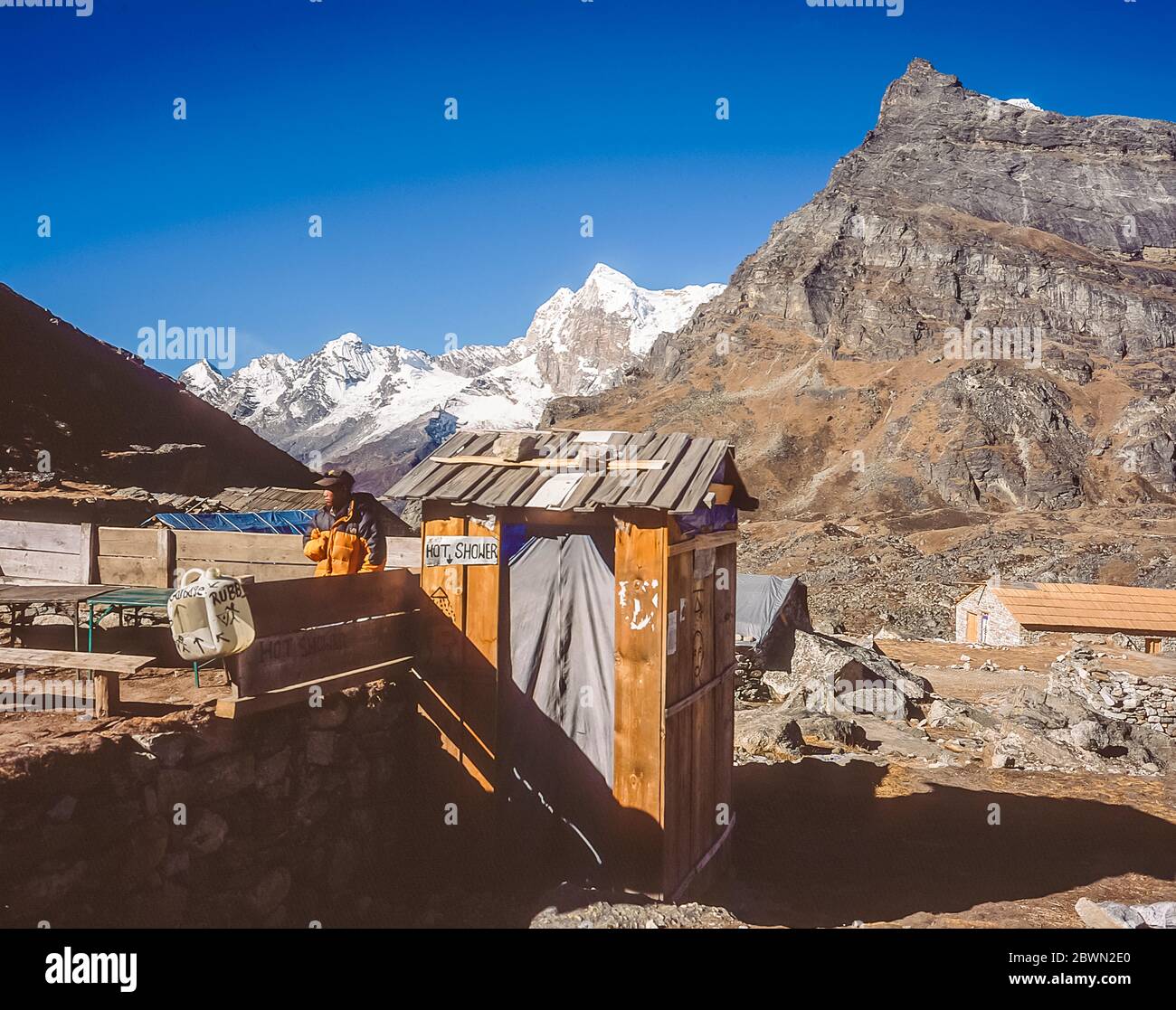 Nepal. Trek to Mera Peak. Various buildings including the shower house ...