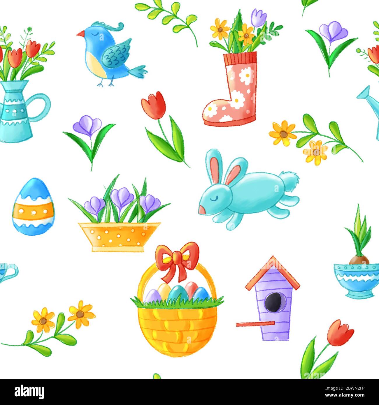 Hello spring seamless pattern with hand drawn elements - cute flowers ...