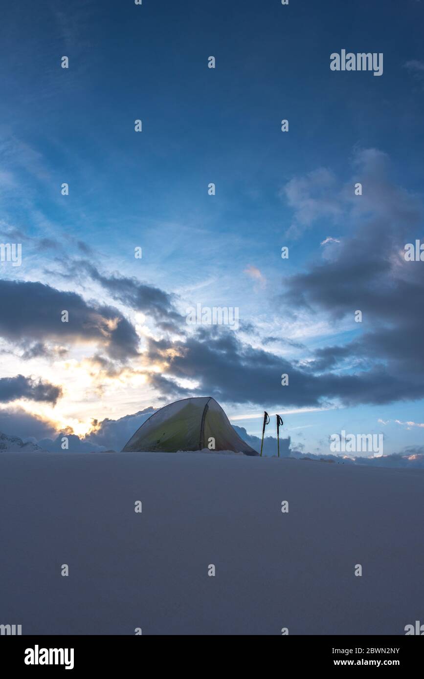 Tent in Snow at Sunrise, High Altitude Camping in Nepal Stock Photo - Alamy