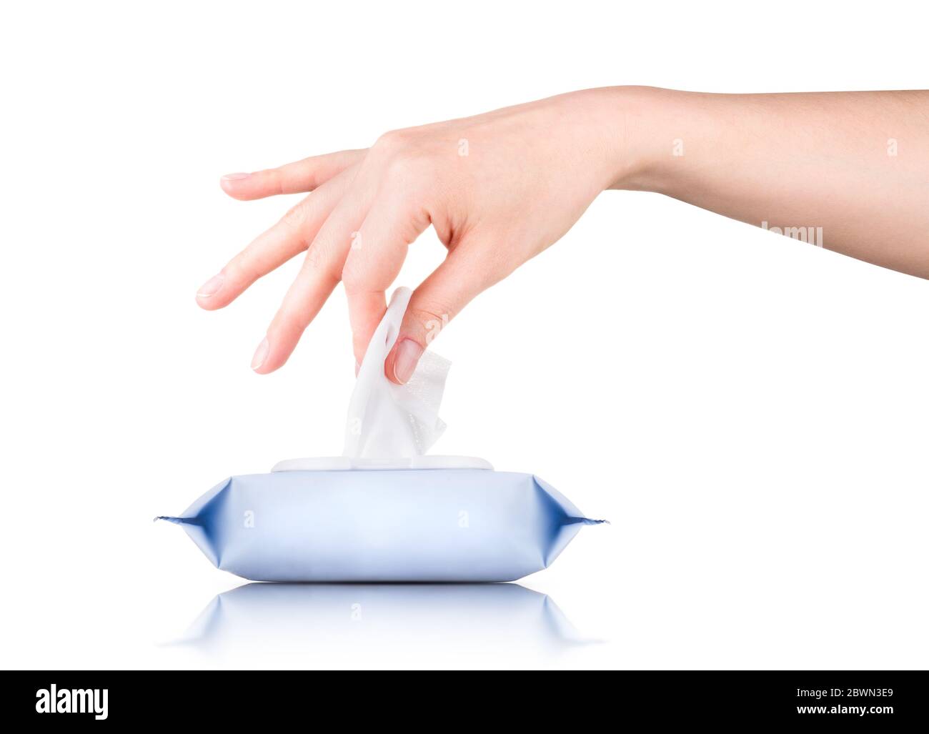 Woman hand use antibacterial wet wipes or tissue isolated on a white ...